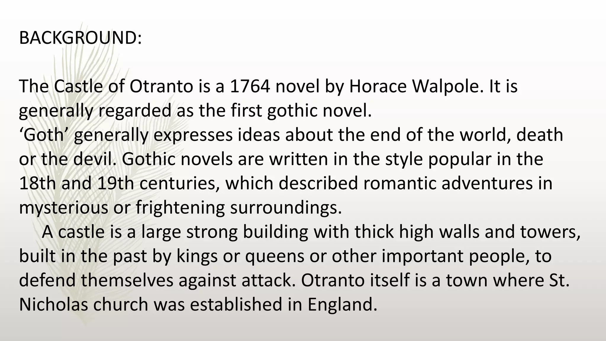 INTRODUCTION TO THE NOVEL The Castle of Otranto by Horace Walepole | PDF