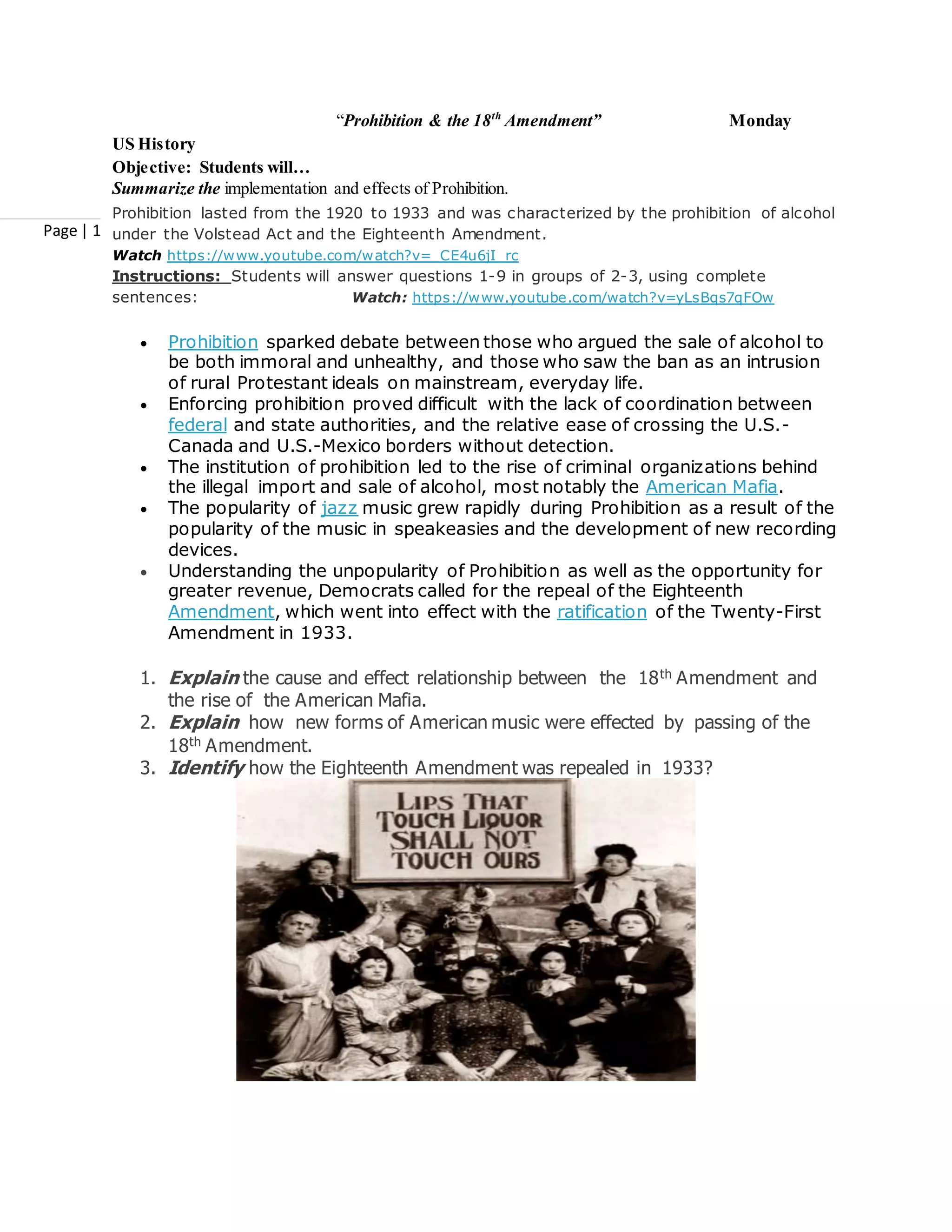 The Roaring Twenties; Prohibition 18th amendment roaring 20's and the ...