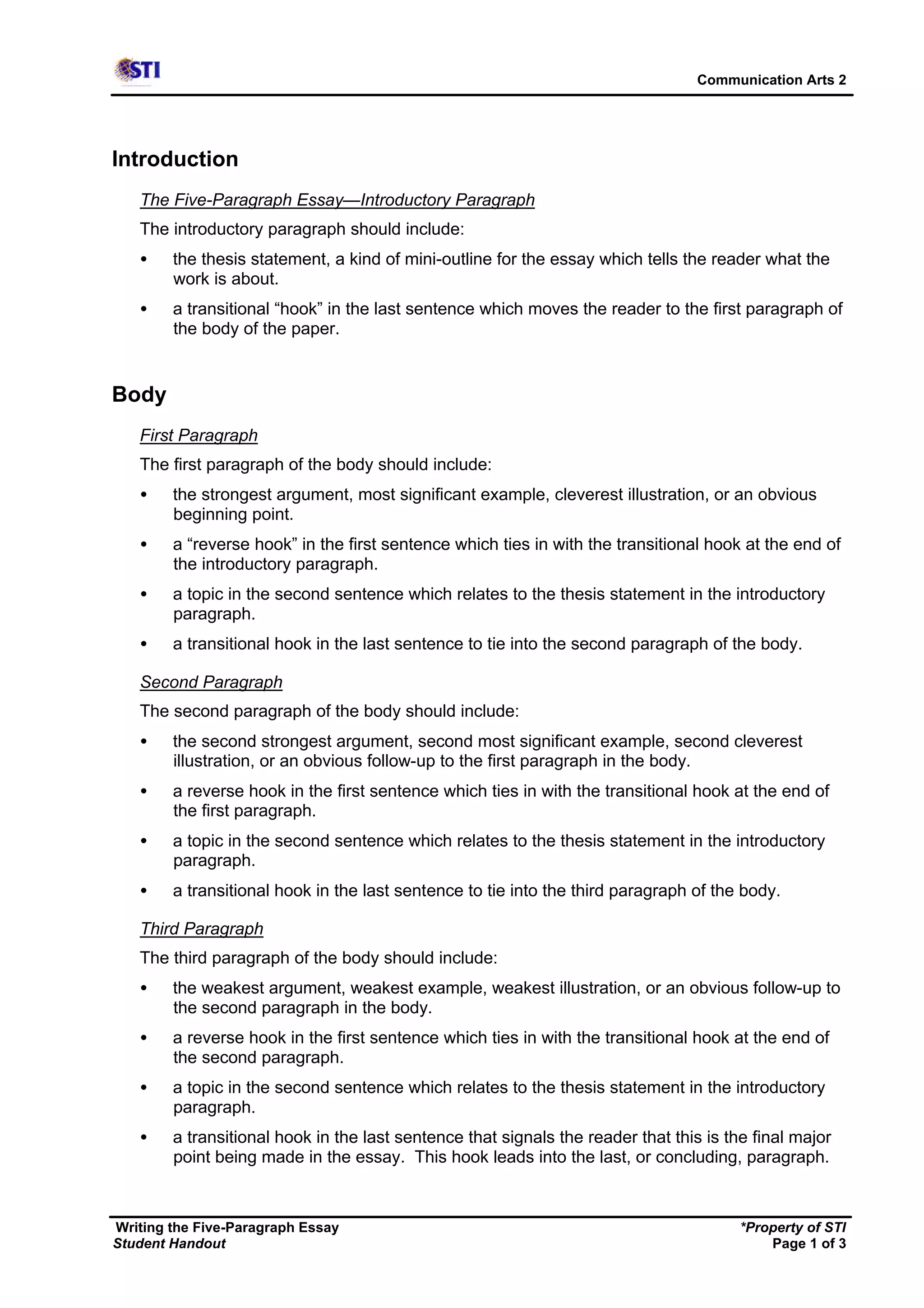 writing the five-paragraph essay (s.handout) | PDF