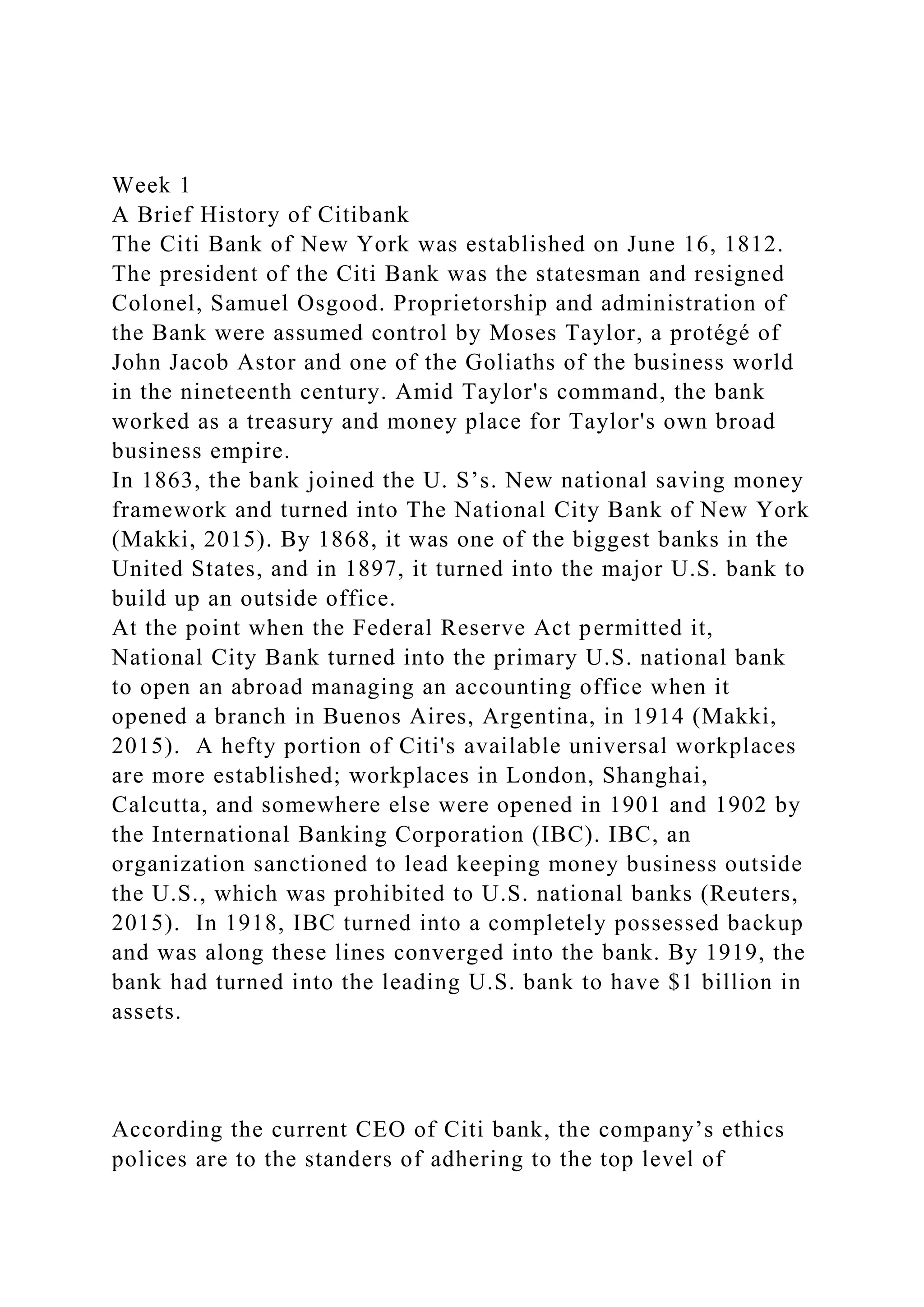 Week 1A Brief History of CitibankThe Citi Bank of New York was.docx