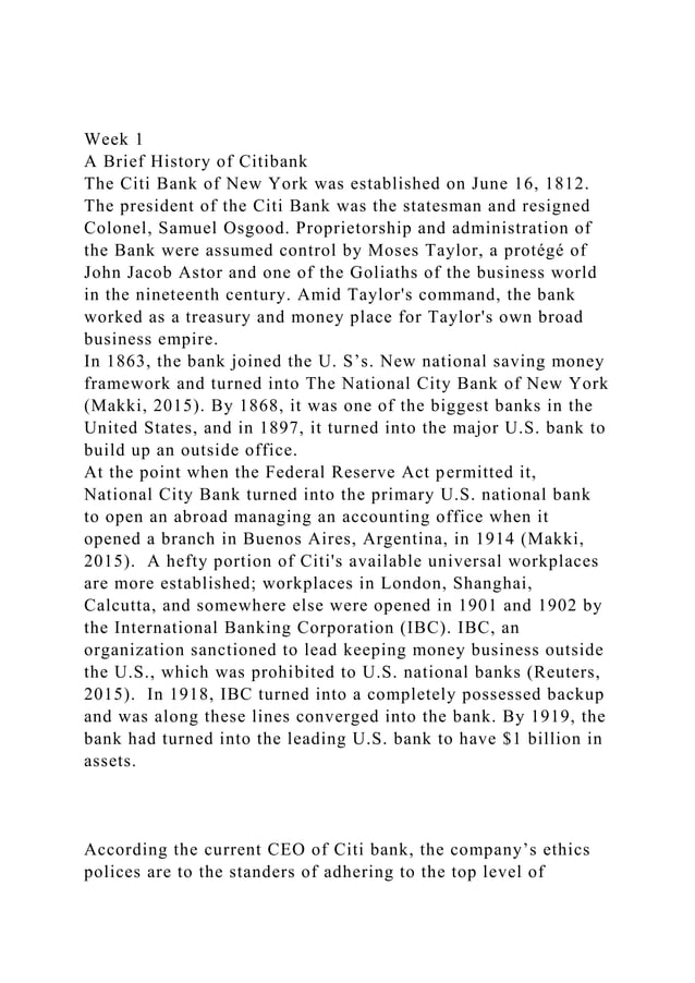 Week 1A Brief History of CitibankThe Citi Bank of New York was.docx ...