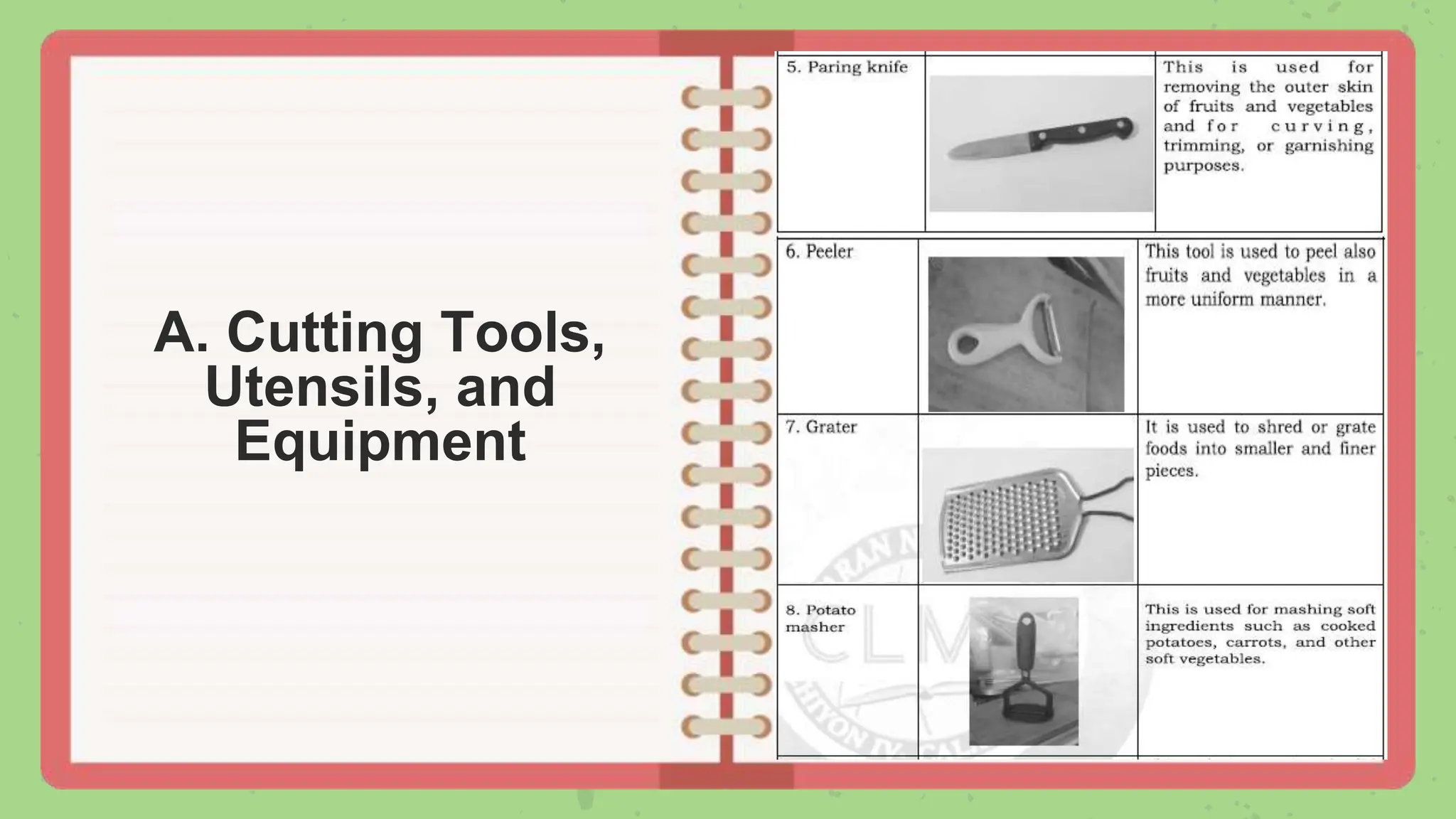 week 1 cookery 8-LO 1. Utilize appropriate kitchen tools, equipment ...
