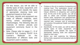 week 1 cookery 8-LO 1. Utilize appropriate kitchen tools, equipment ...