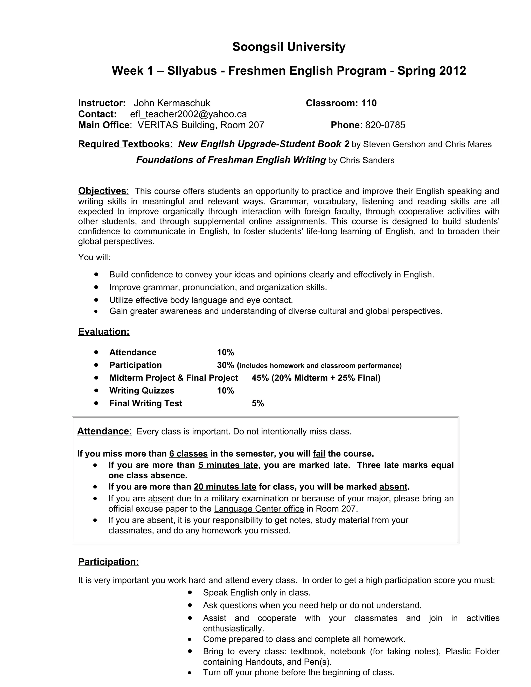 Week 1 – Sllyabus - Freshmen English Program SSU - Spring 2012 | PDF