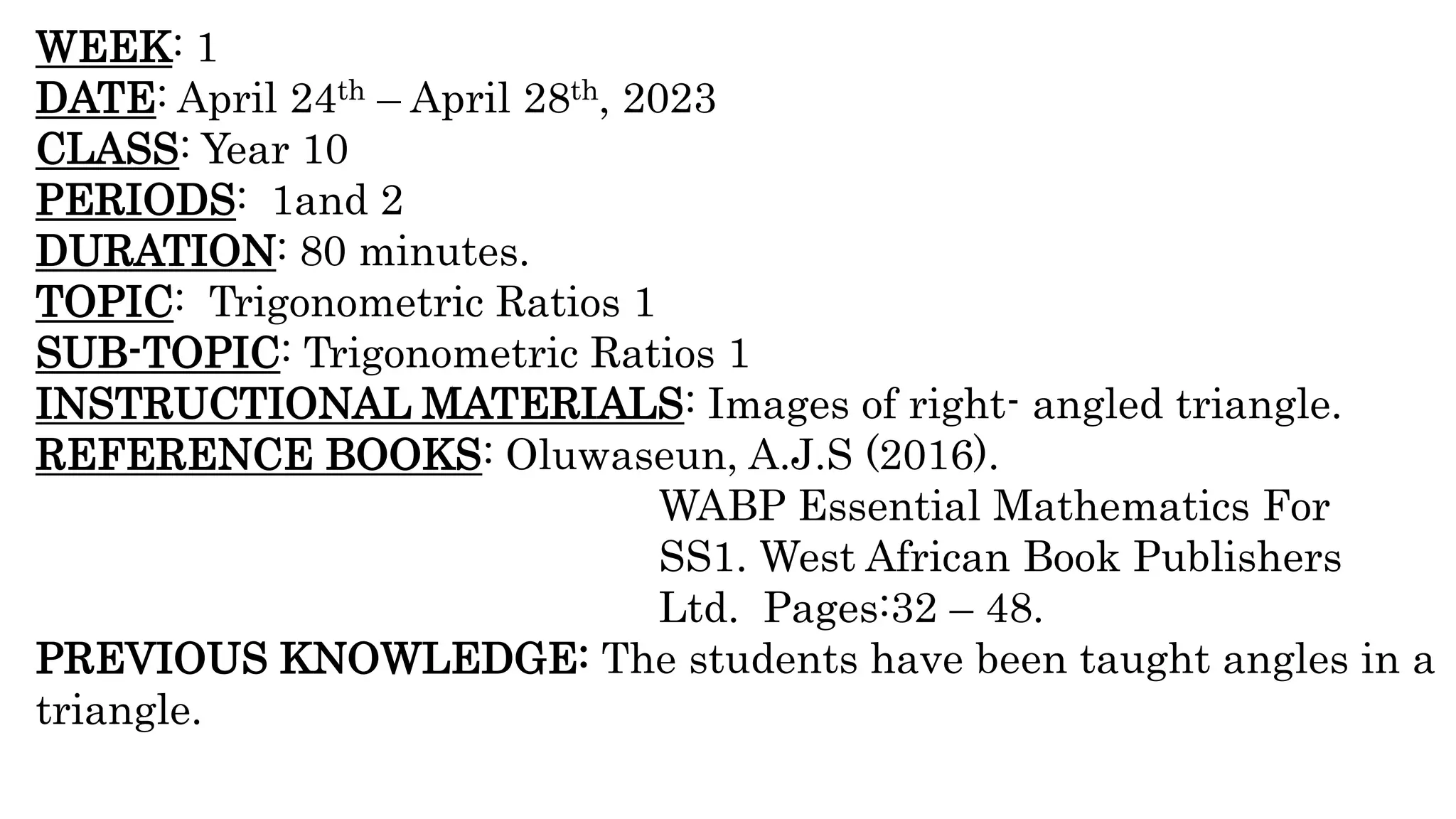 WEEK 1 TRIGONOMETRY RATIOS 1.pptx | Physics | Science