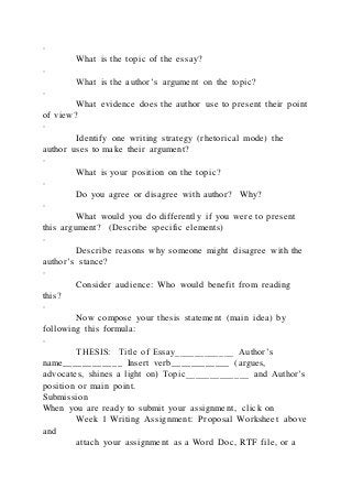 Week 1 Writing Assignment Proposal Worksheet Student Exam | DOCX