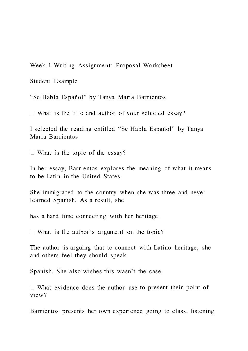 Week 1 Writing Assignment Proposal Worksheet Student Exam | DOCX