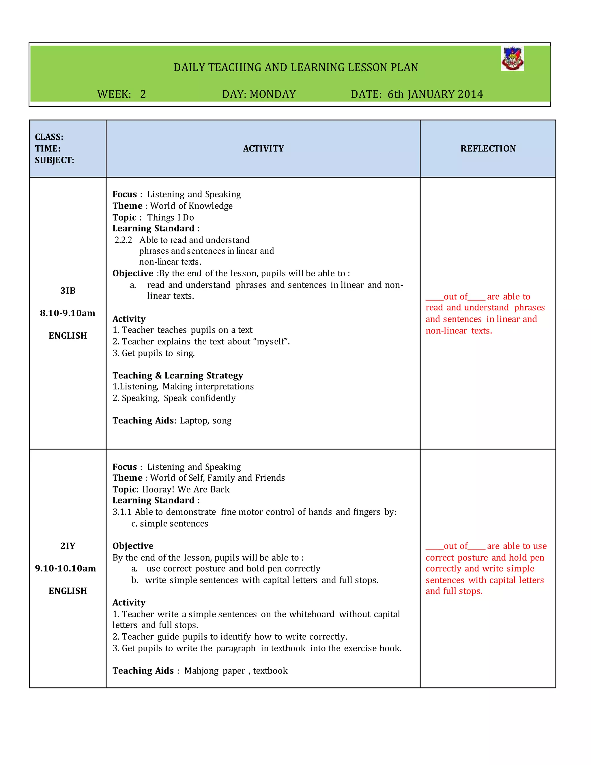 SAMPLE LESSON PLAN Week 2 | DOCX