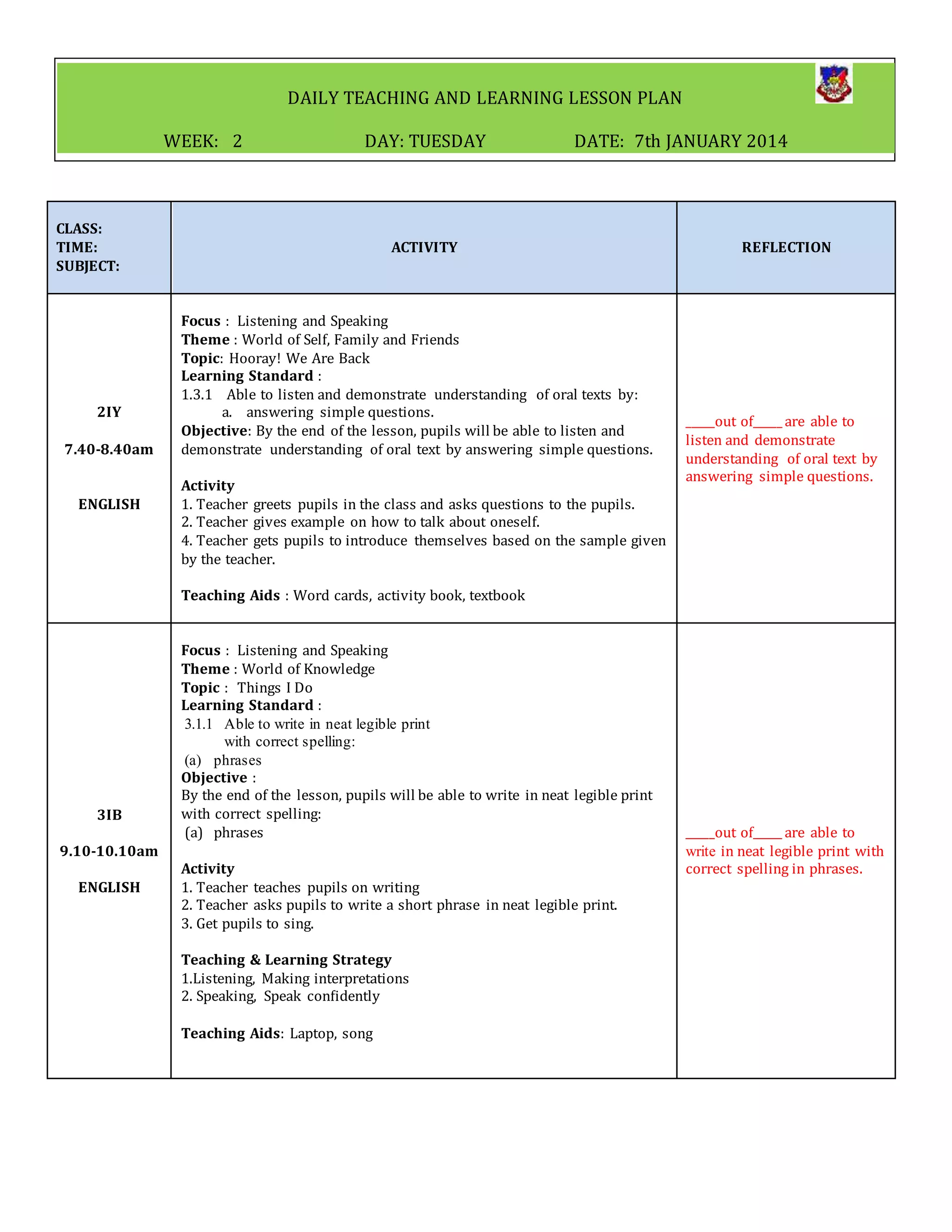 SAMPLE LESSON PLAN Week 2 | DOCX