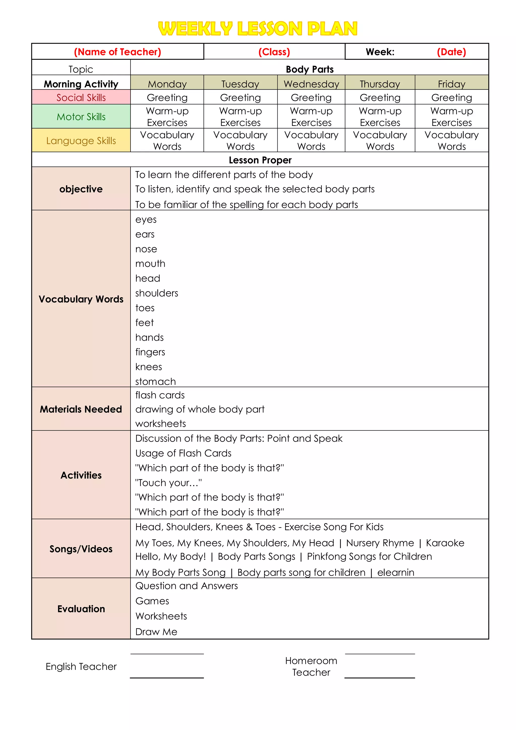 Weekly Lesson Plan: Body Parts | PDF