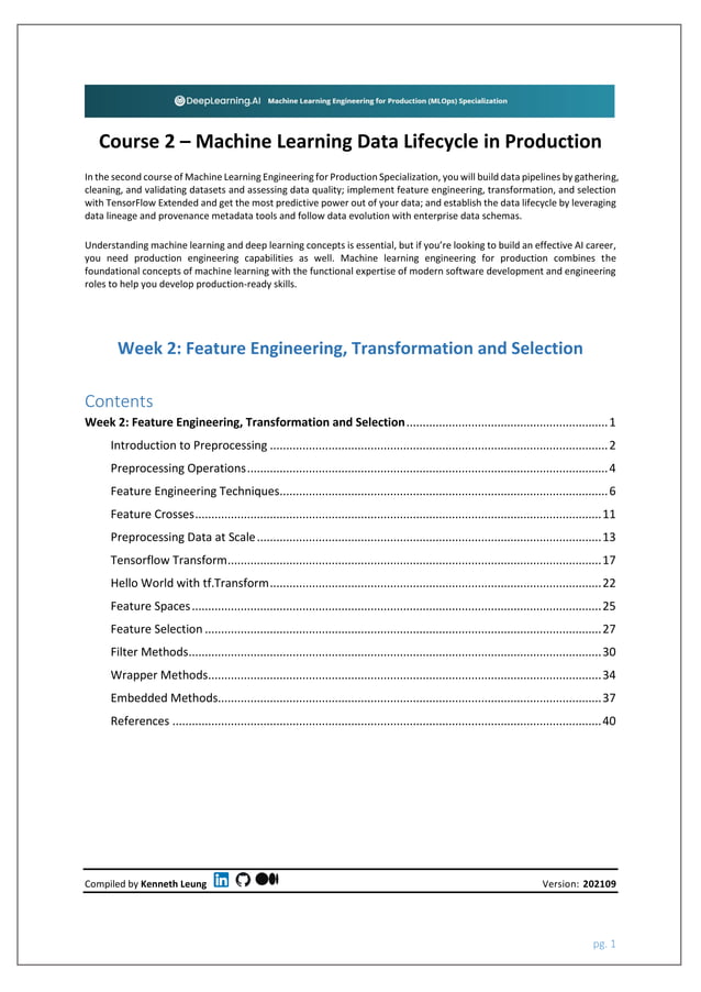 Machine Learning Data Life Cycle in Production (Week 2 feature engineering, transformation and ...