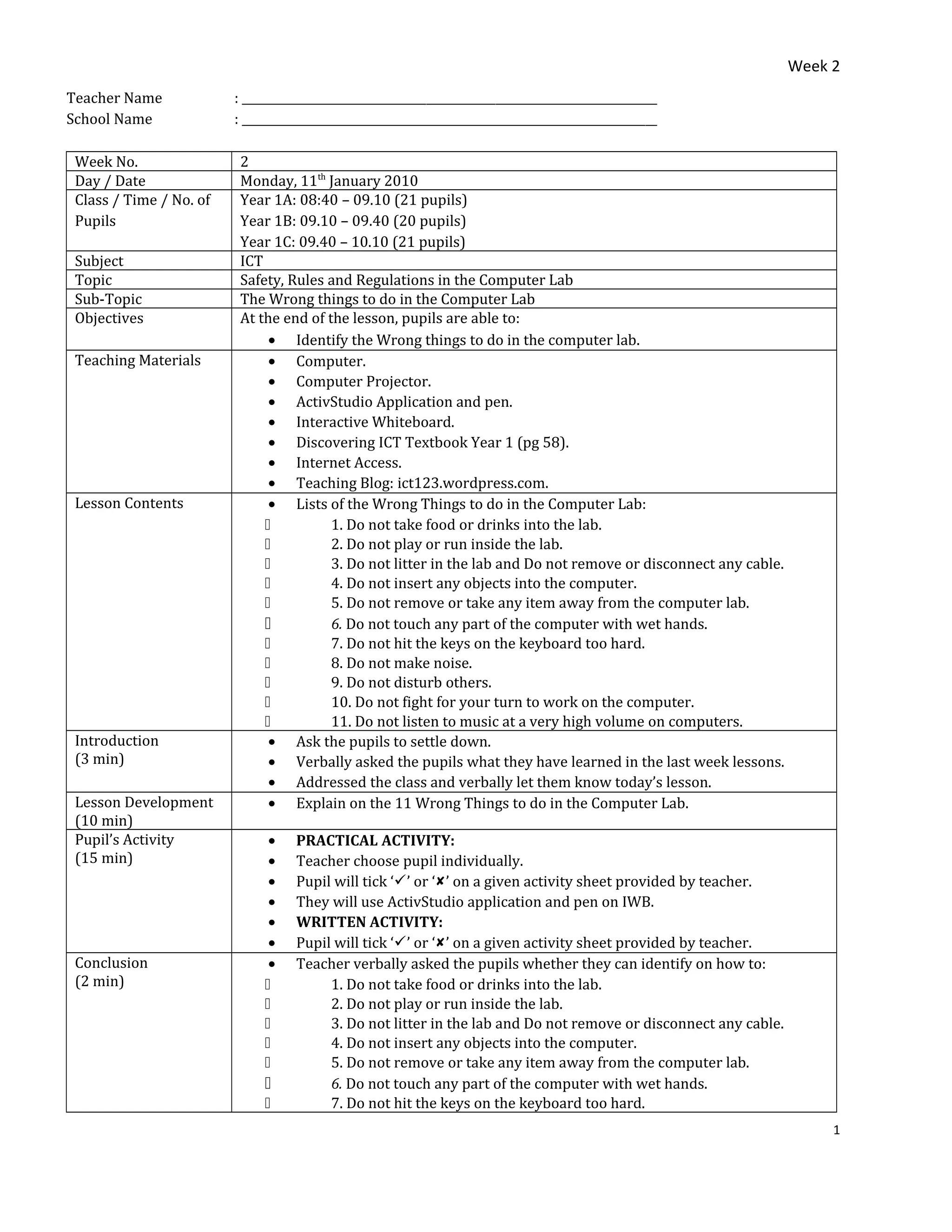 Week2 safety,rules and regulations in the computer lab | DOC