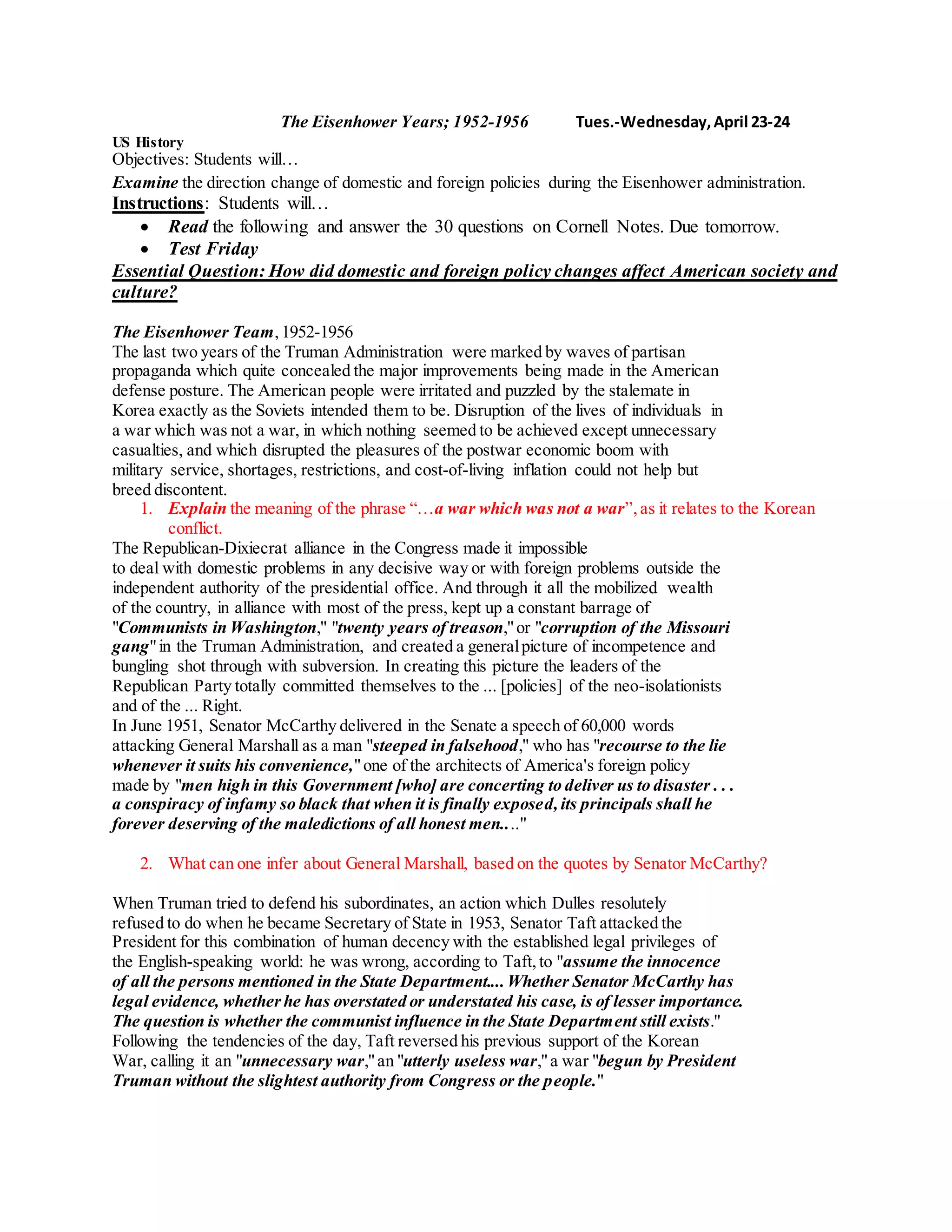 the Eisenhower Years; 1952-1956- Domestic and foreign policy affecting ...