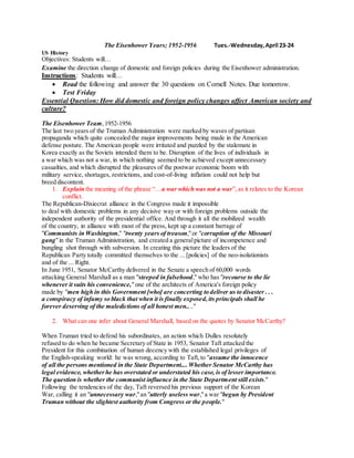 the Eisenhower Years; 1952-1956- Domestic and foreign policy affecting ...