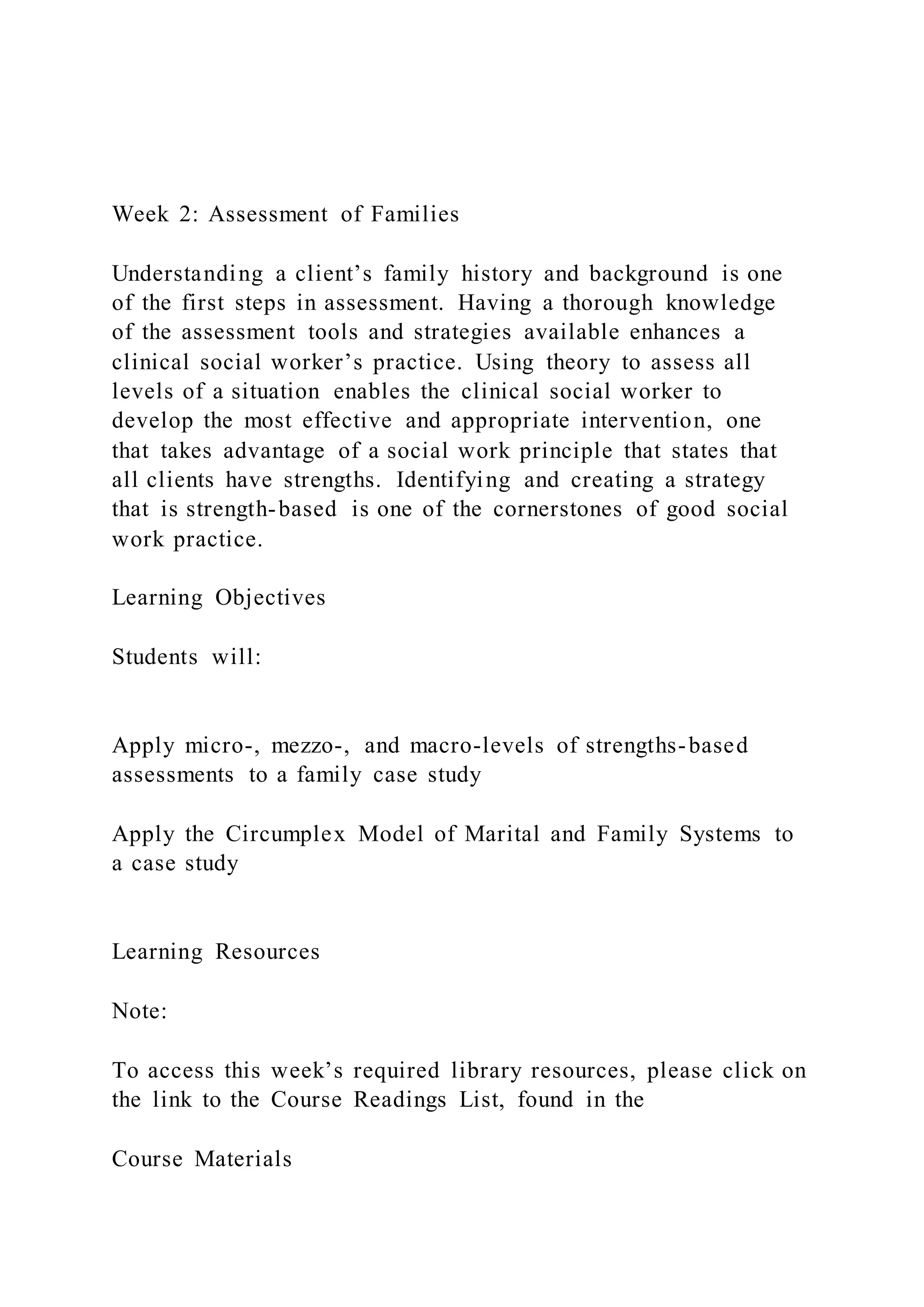Week 2 Assessment of FamiliesUnderstanding a client’s famil | DOCX