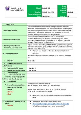 science 9 daily lesson plan week 2 heart rate | DOCX