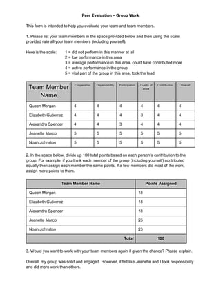Peer Evaluation Questionnaire