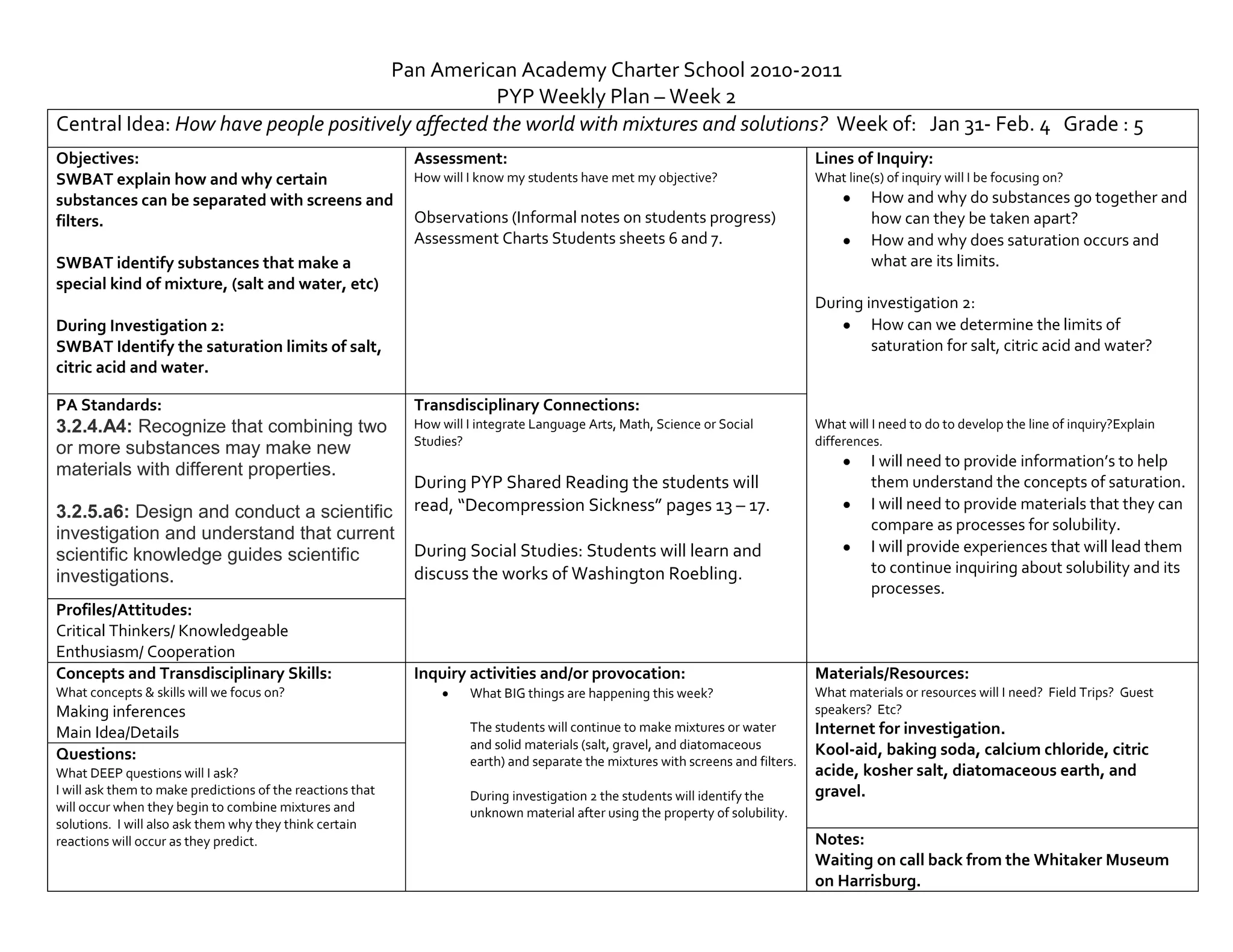 Week 2 pyp weekly plan | DOCX