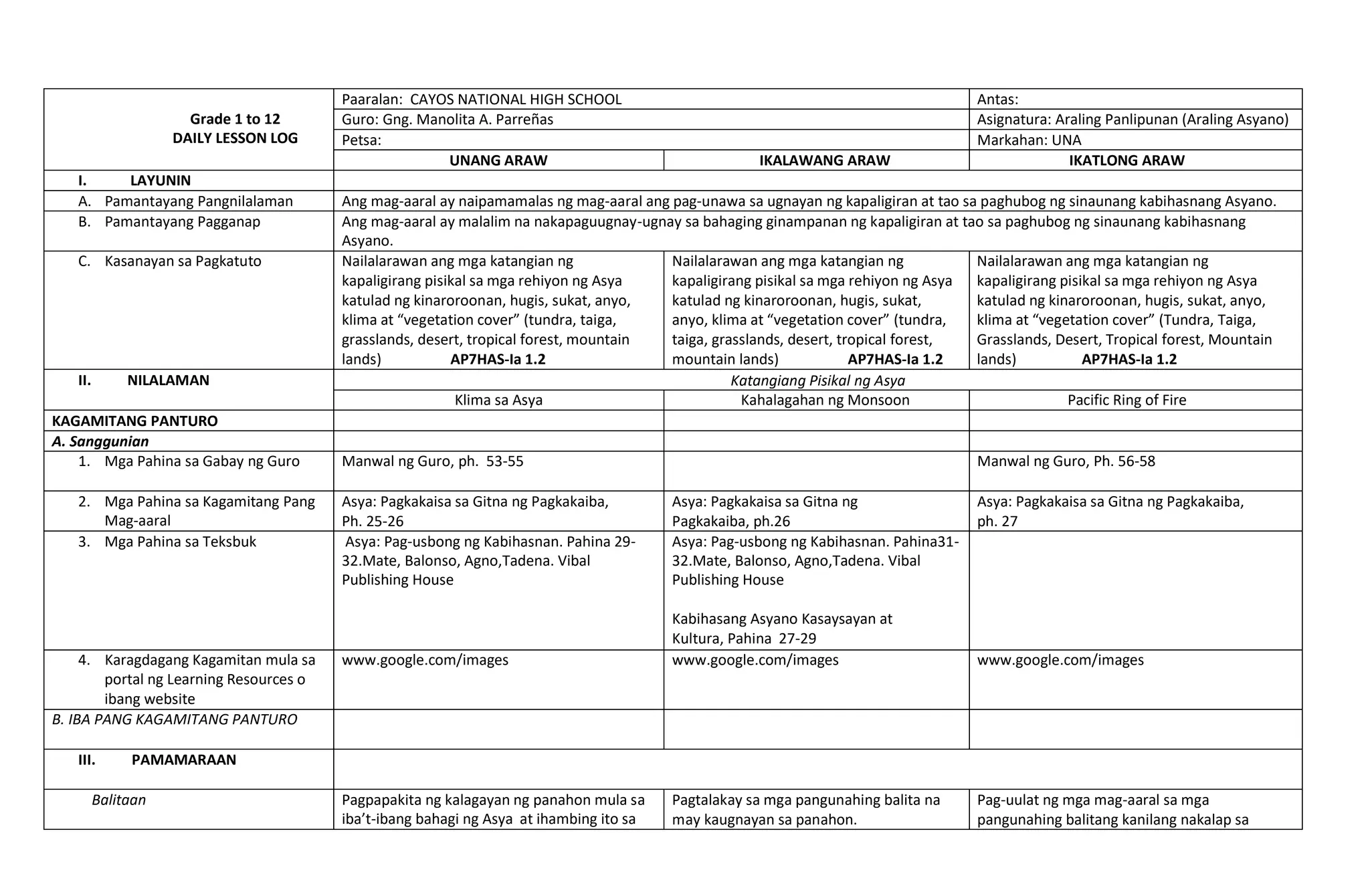 Daily lesson log in Araling Panlipunan 7 | DOCX
