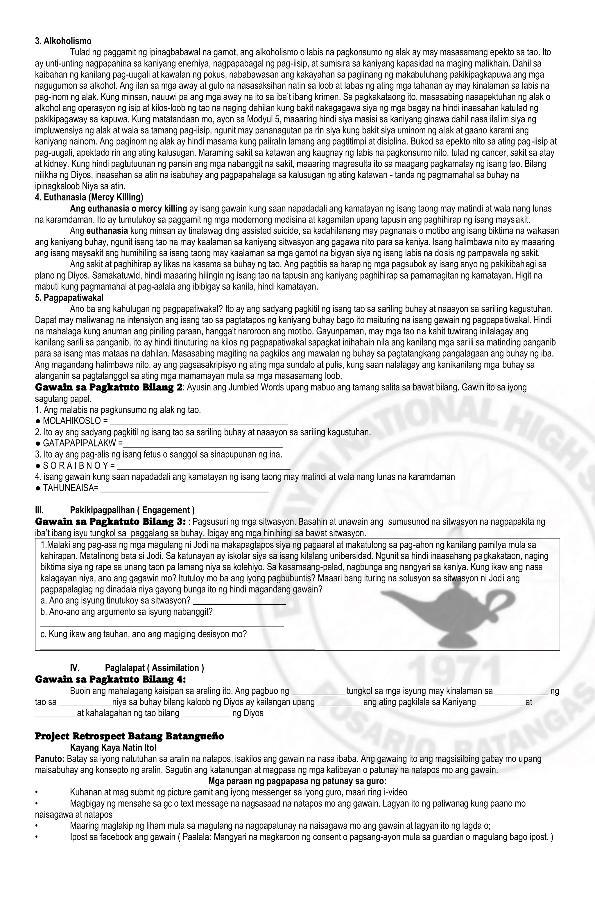 week 3-5grade 10 edukasyon sa pagpapakatao learning activity sheet | PDF