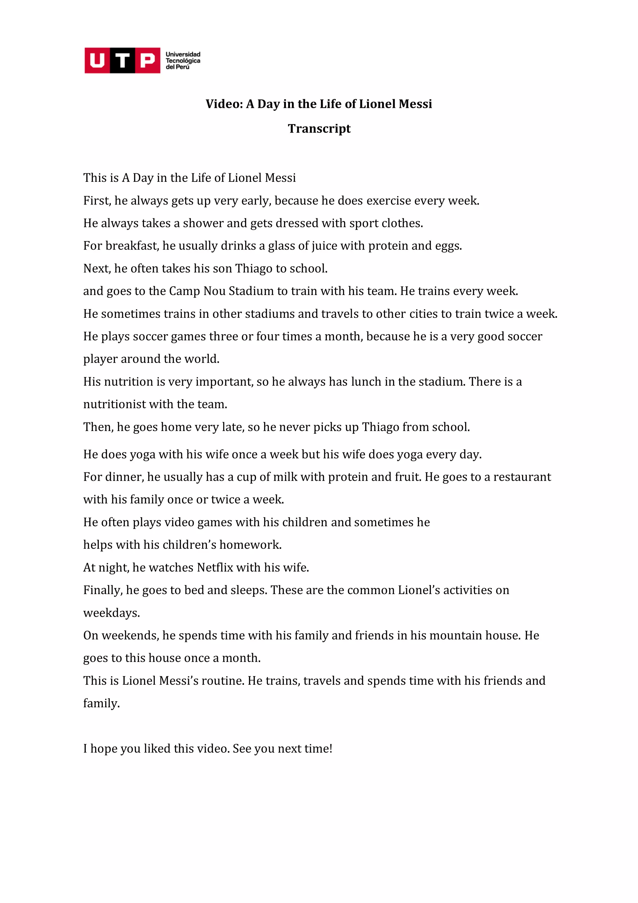 Week 3 transcript - a day in the life of lionel messi | PDF