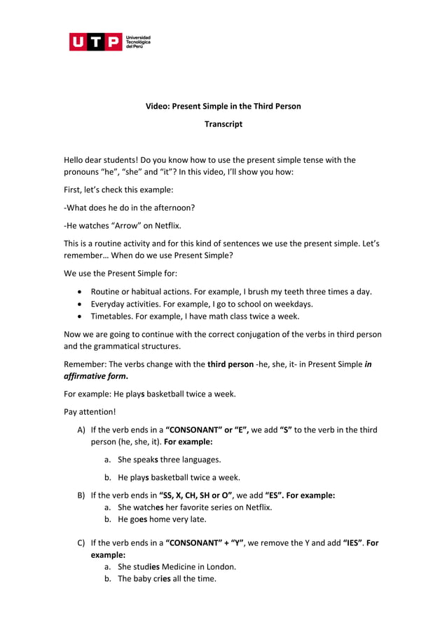 Week 3 transcript - present simple in the third person | PDF