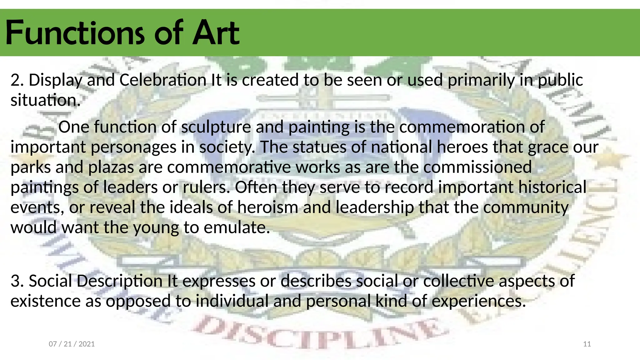 Functions of Artthree categories: physical, social, and personal. | PPTX