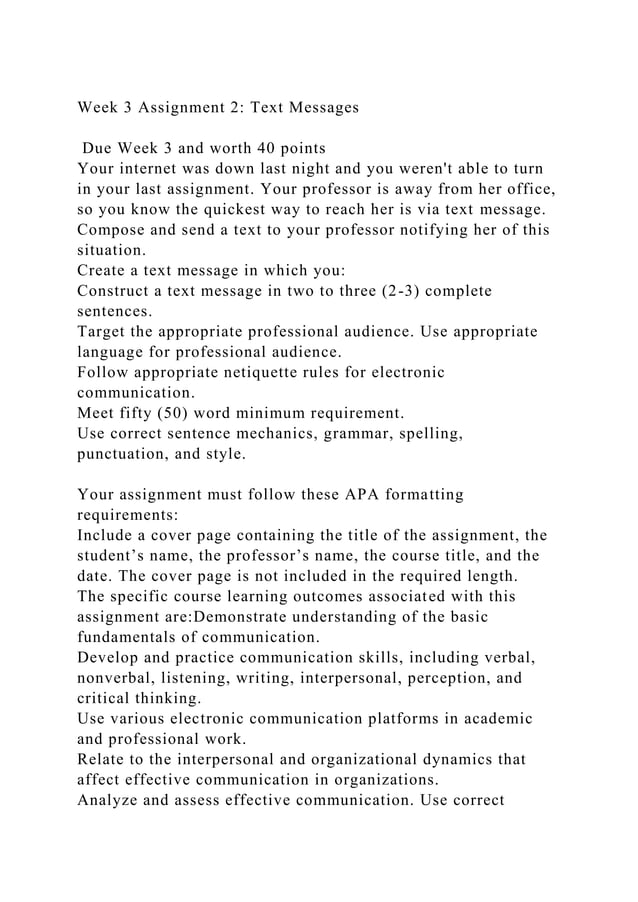 Week 3 Assignment 2 Text Messages Due Week 3 and worth 40 point.docx | Email | Internet