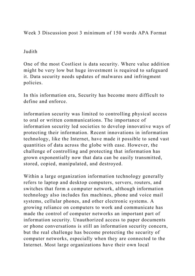 Week 3 Discussion post 3 minimum of 150 words APA FormatJudith.docx