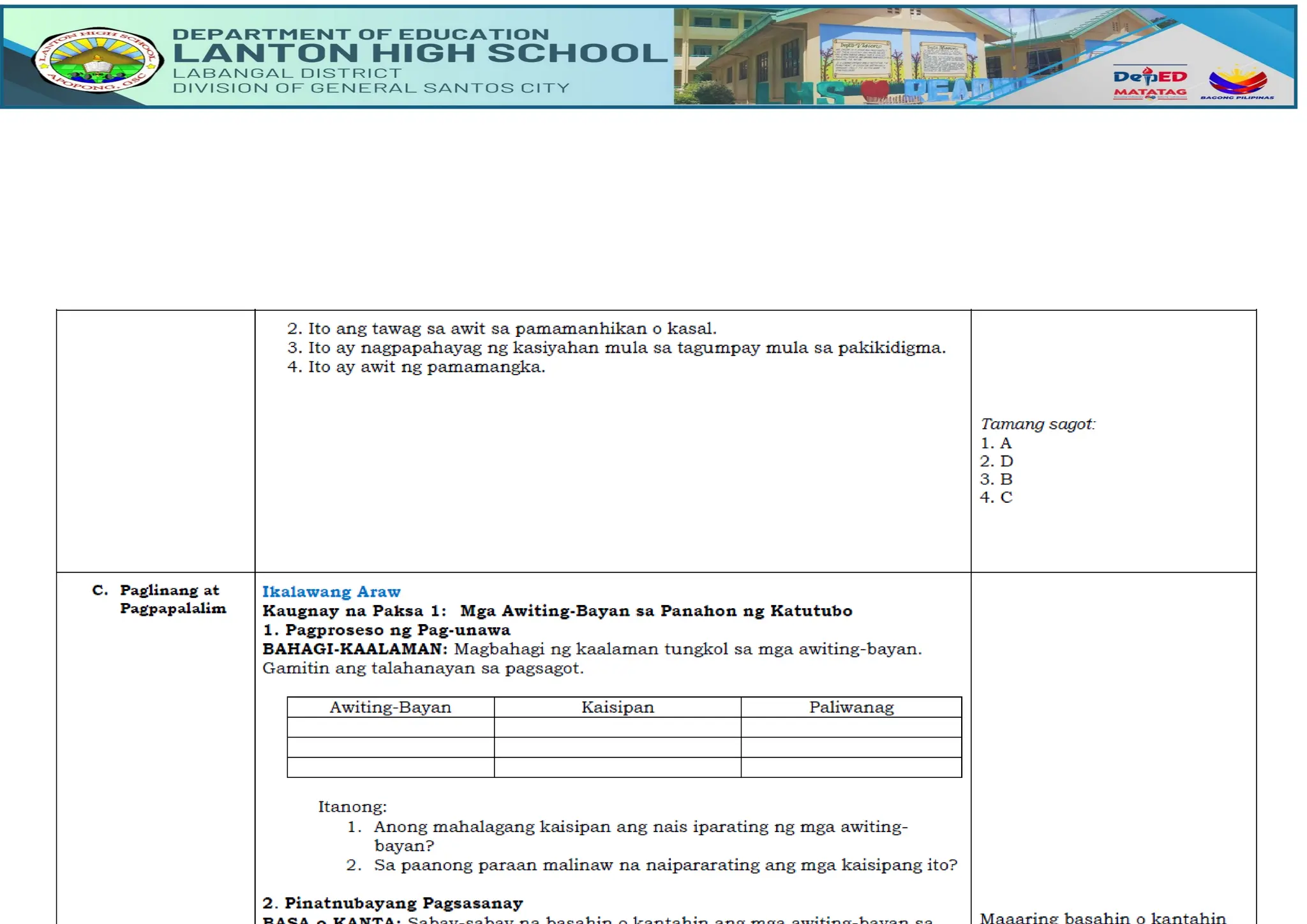 Matatag Curriculum Filipino 7 Quarter 1 Week 4 Daily Lesson Log | DOCX