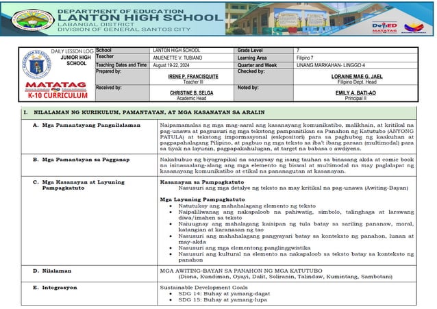 Matatag Curriculum Filipino 7 Quarter 1 Week 4 Daily Lesson Log | DOCX