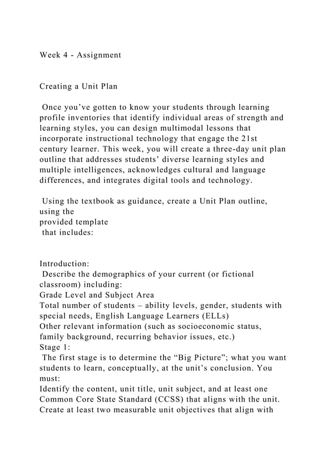 Week 4 - AssignmentCreating a Unit Plan Once you’ve gotten.docx