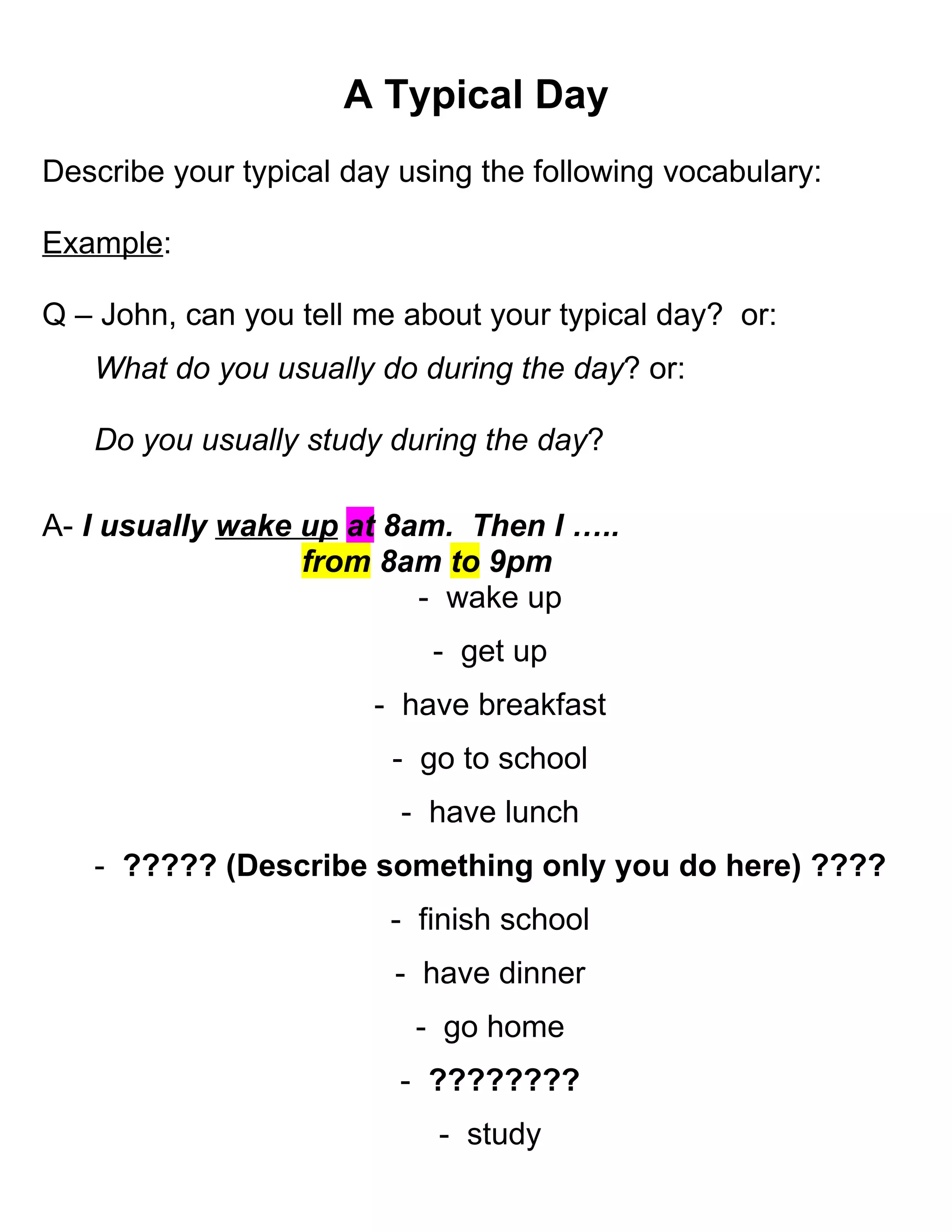 Week 4 - Class 2 - Describing a Typical Day | DOC