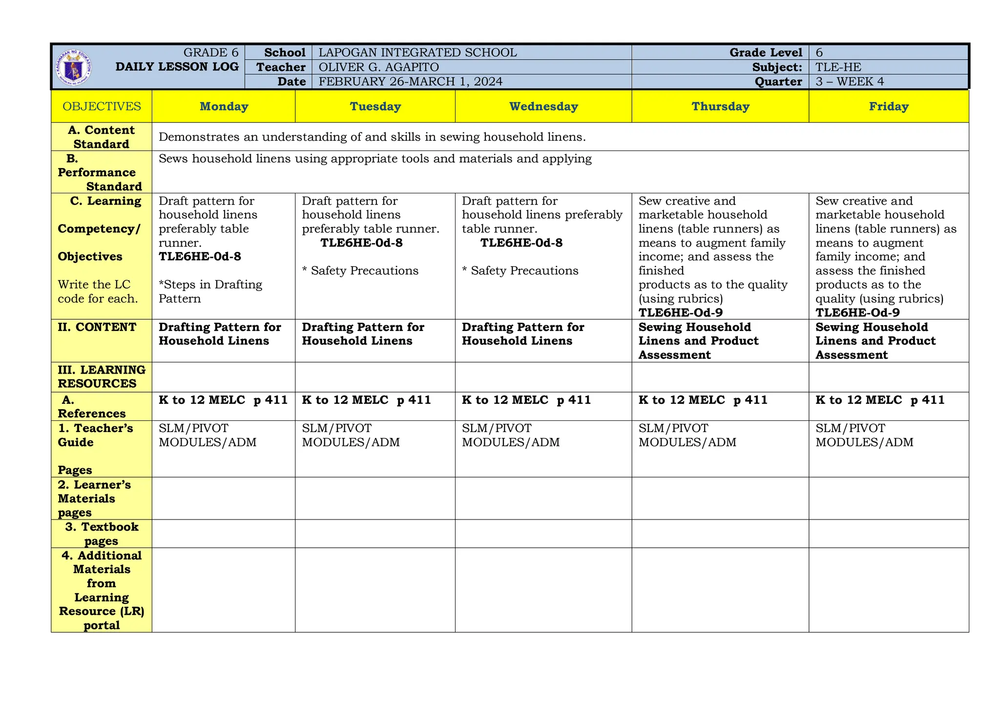 WEEK4-dll-TLE -HE for quarter 3 in EPP 6 | PDF