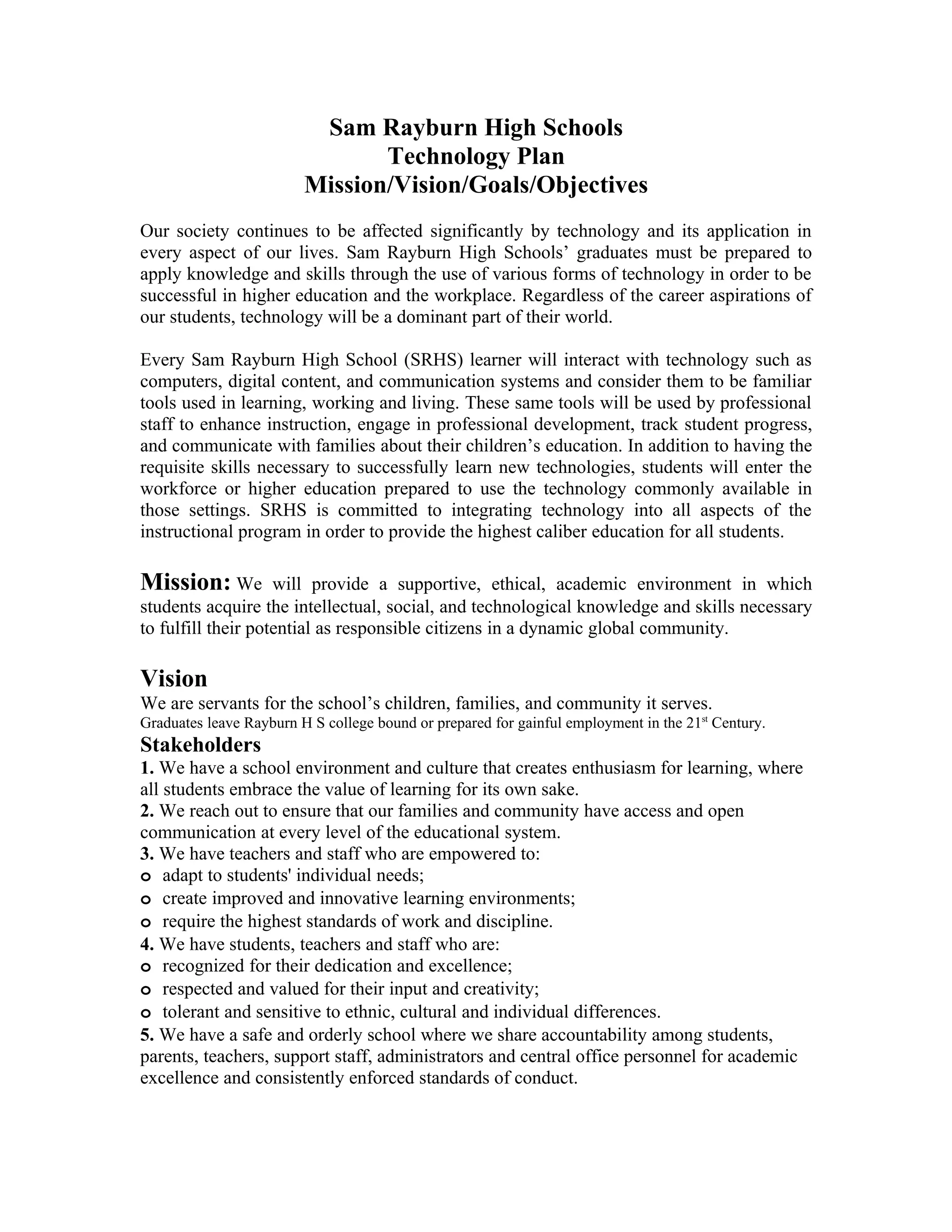 Sam Rayburn HS Technology Plan | PDF