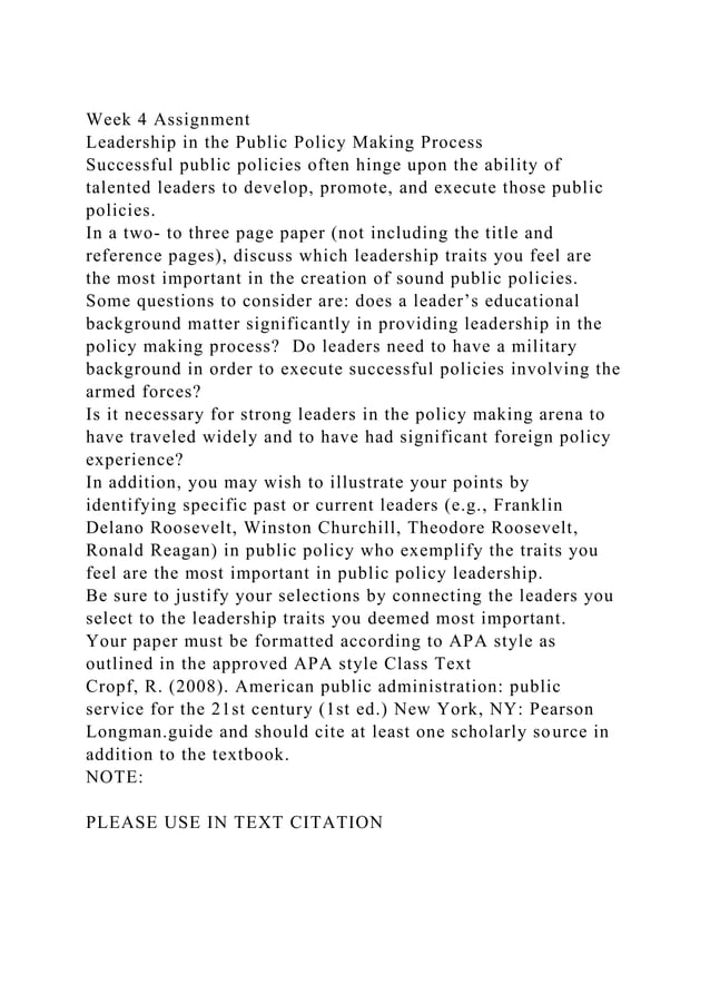 Week 4 AssignmentLeadership in the Public Policy Making ProcessS.docx