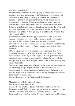 Week 4 Lecture 1 - Databases and Data WarehousesManagement of .docx