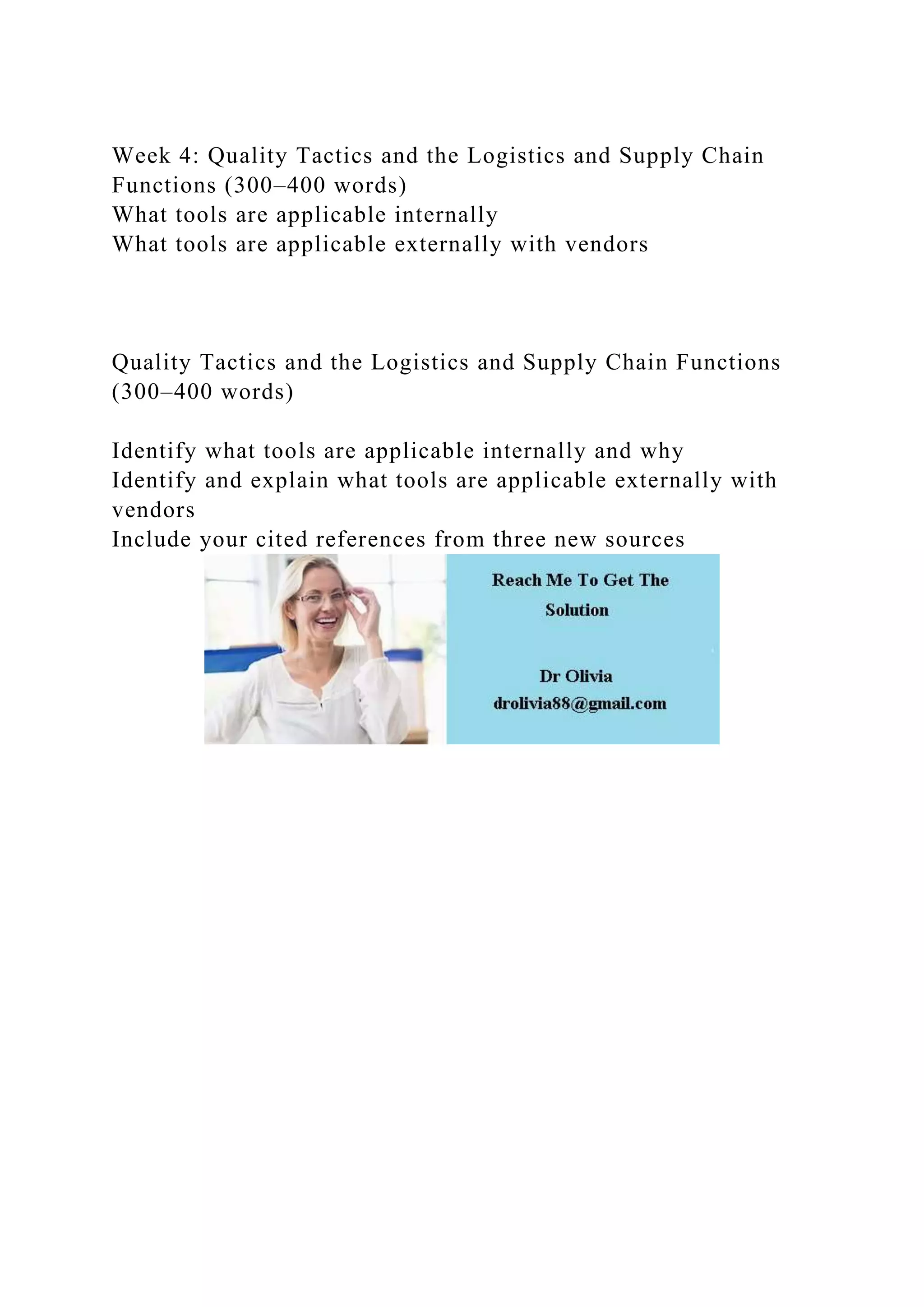 Week 4 Quality Tactics and the Logistics and Supply Chain Functions.docx