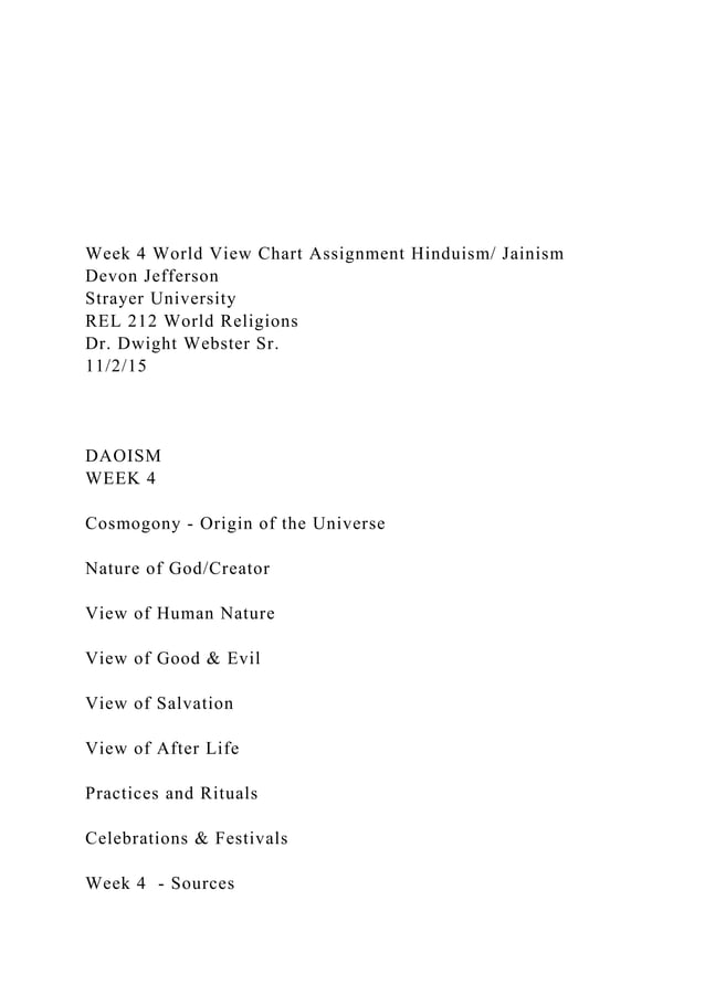 Week 4 World View Chart Assignment Hinduism JainismDe.docx