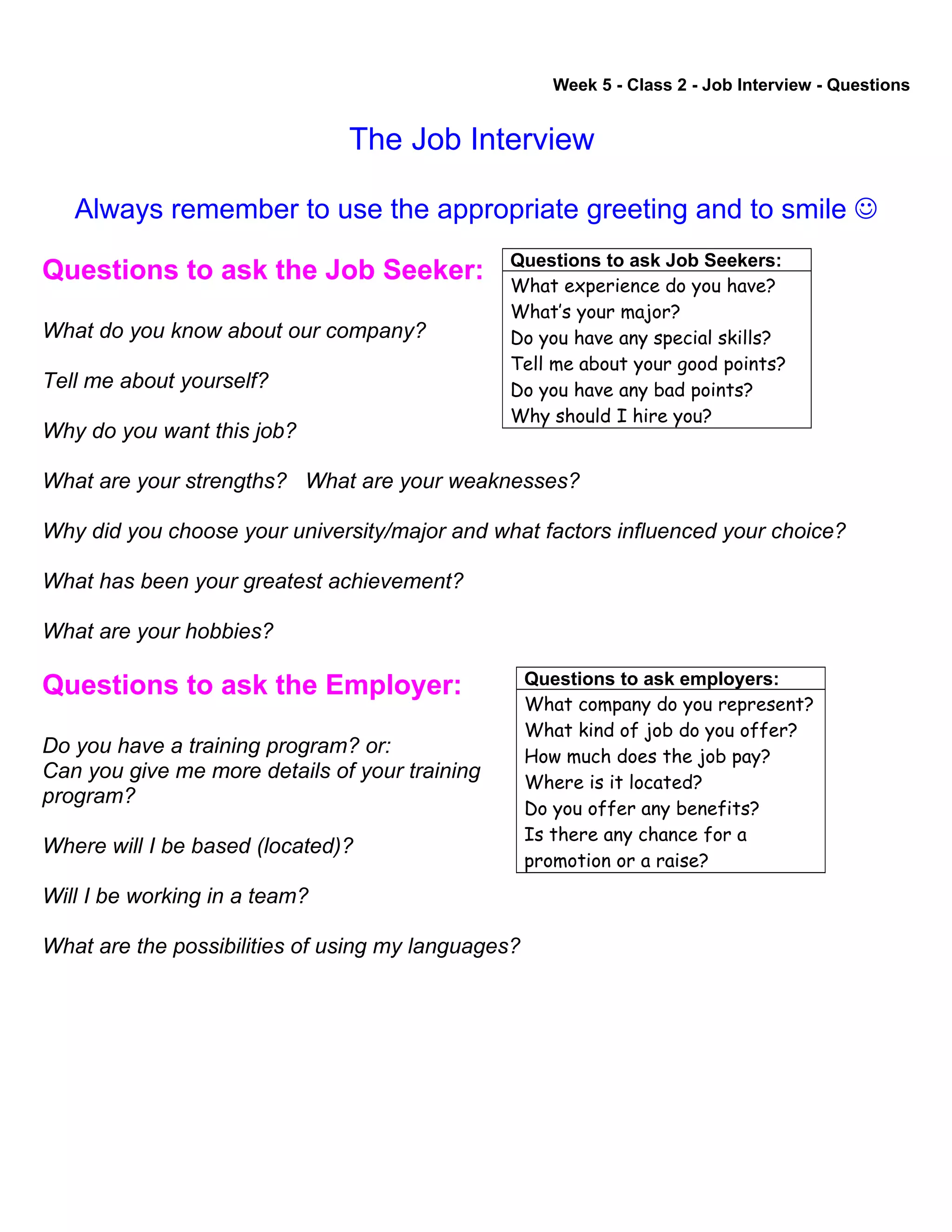 Week 5 - Class 2 - Job Interview - Questions | DOC