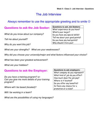 Week 5 - Class 2 - Job Interview - Questions | DOC