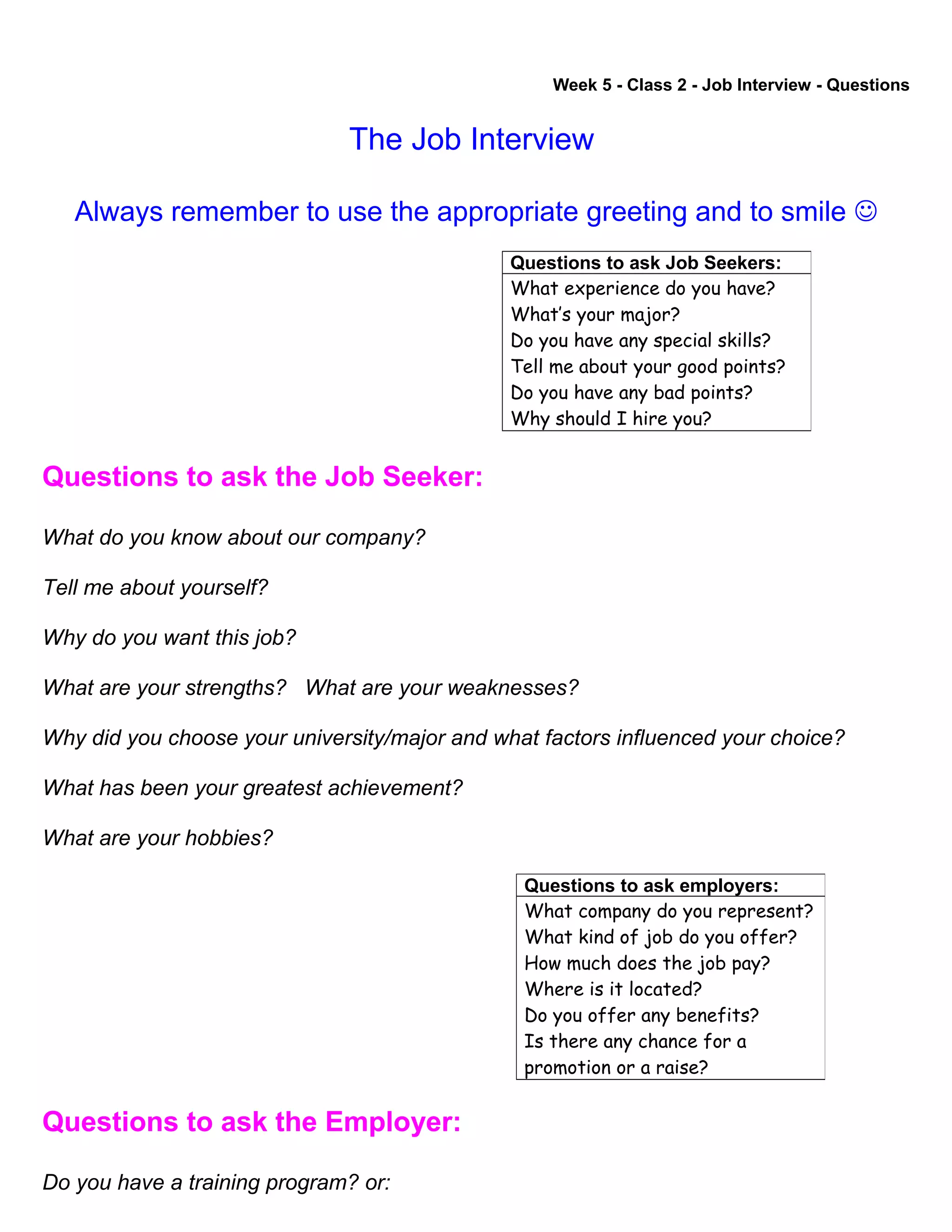 Week 5 class 2 - job interview - questions | DOC