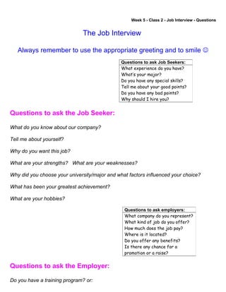 Week 5 class 2 - job interview - questions | DOC