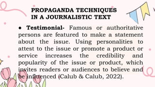 Analyze propaganda techniques in a journalistic text (testimonials vs ...