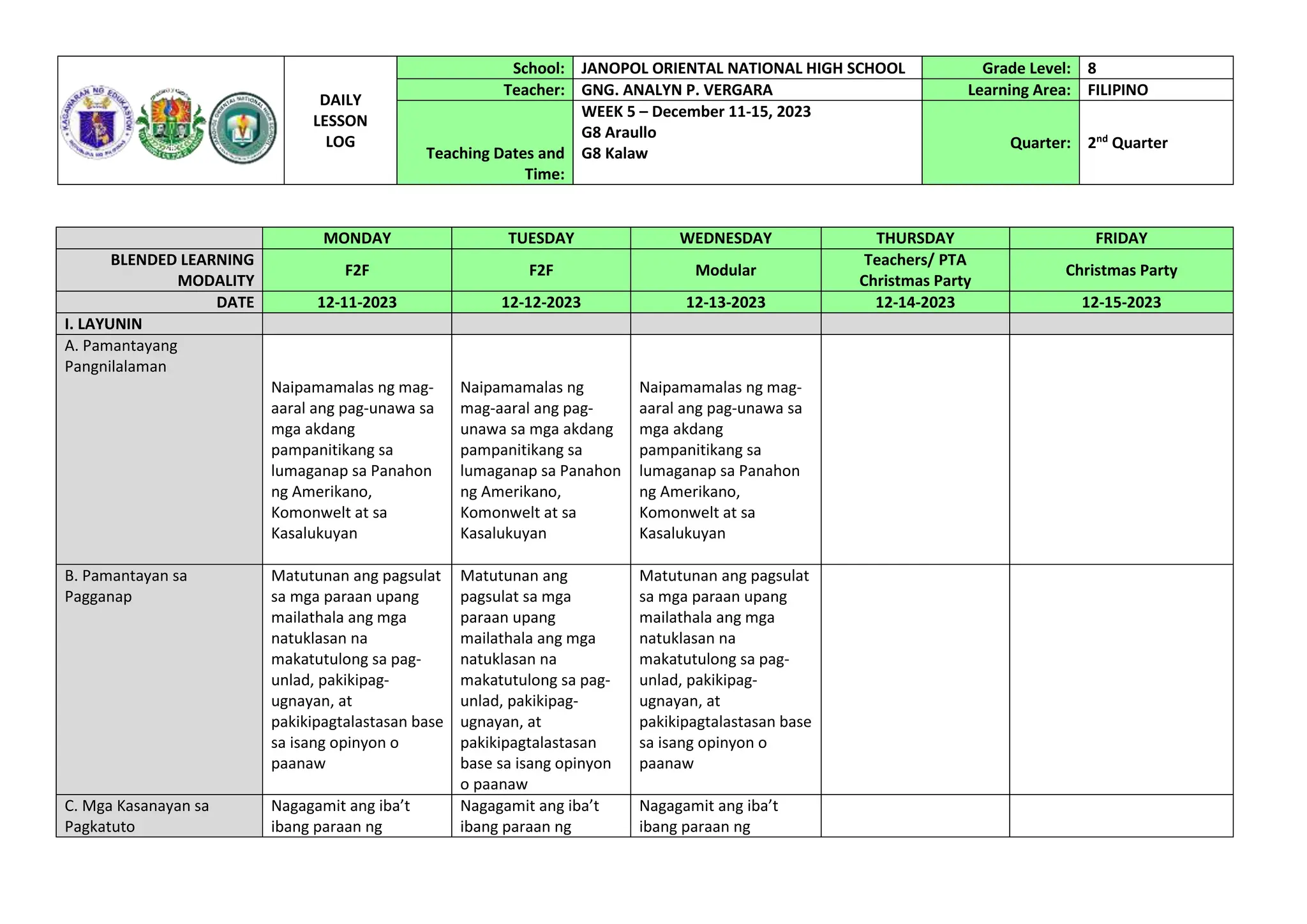 Filipino 8 2nd Quarter Week 1-5 Daily Lesson log | DOCX