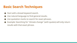 Search techniques in library research lecture | PPTX