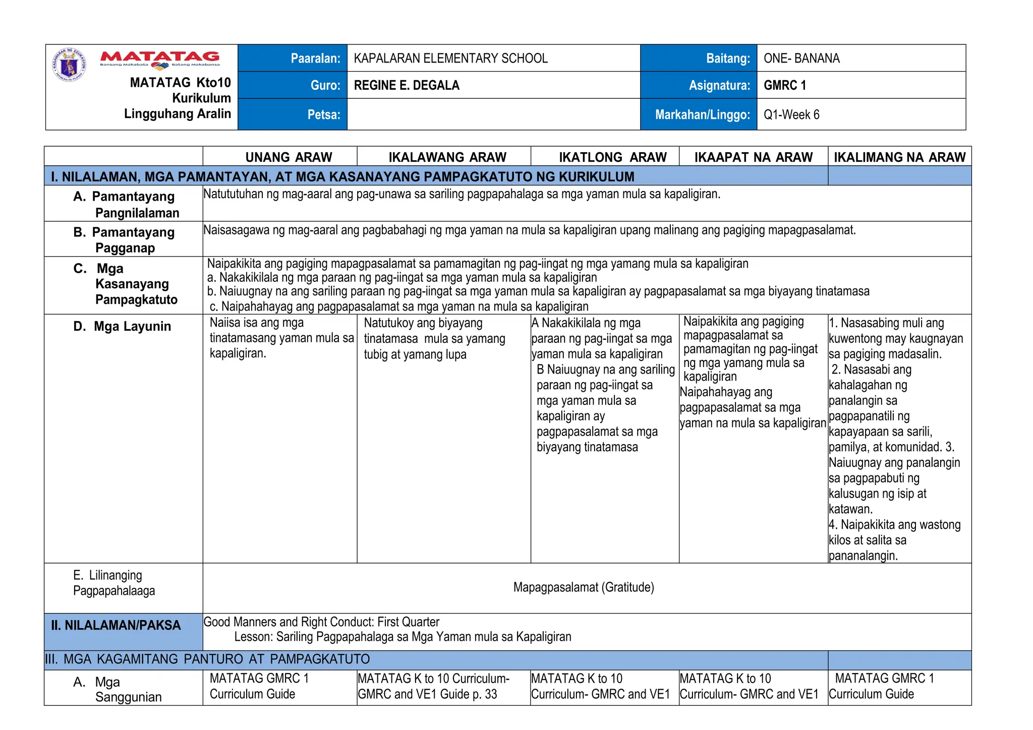 Grade 1 daily lesson log. week 6 day 1 to 5 GMRC | DOCX