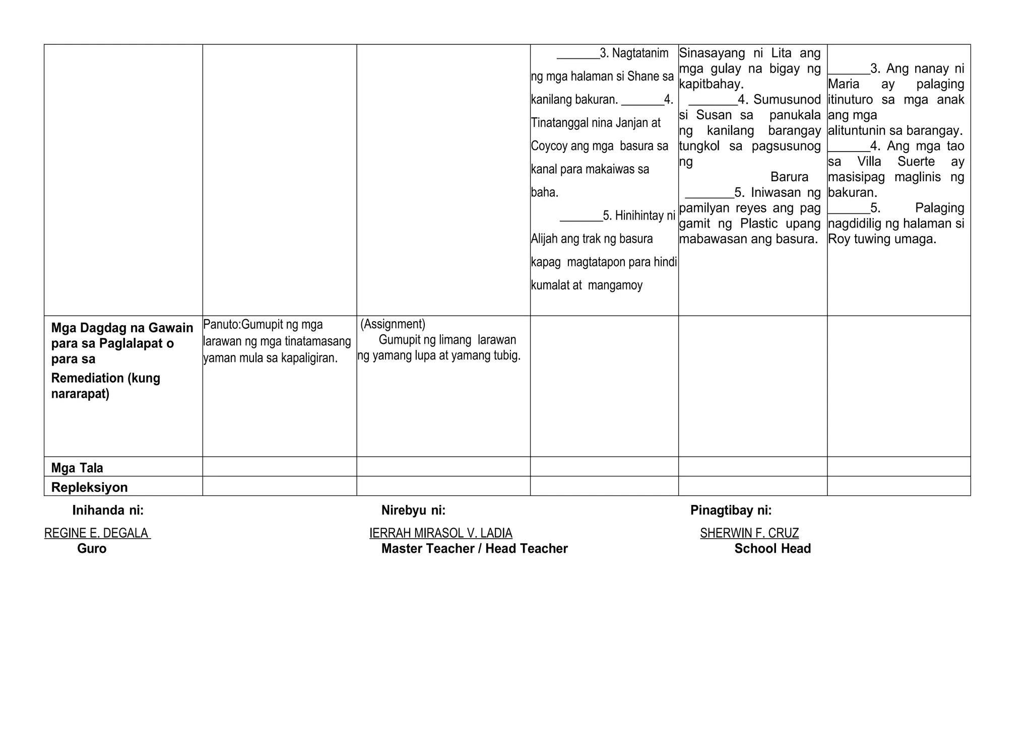 Grade 1 daily lesson log. week 6 day 1 to 5 GMRC | DOCX
