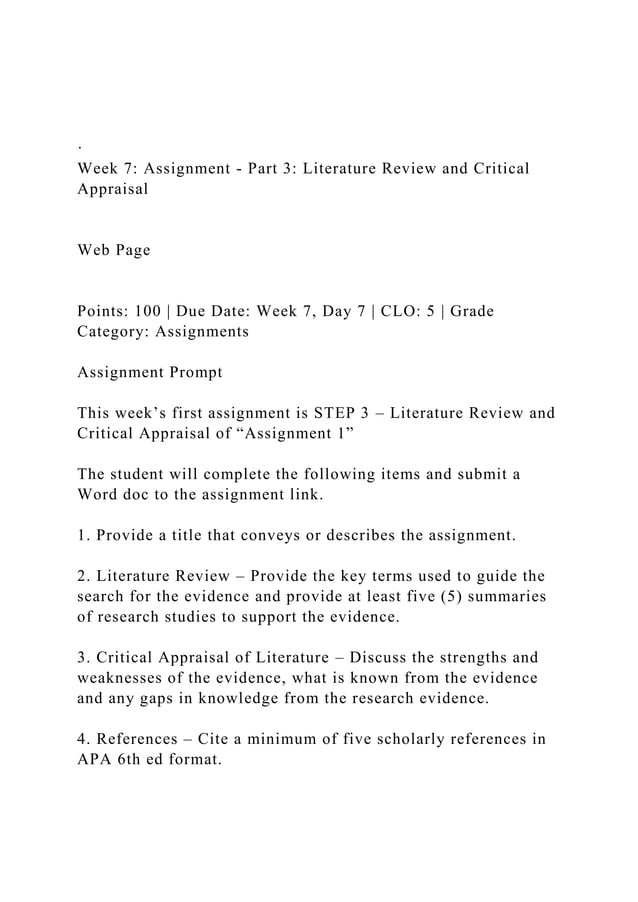· Week 7 Assignment - Part 3 Literature Review and Critical | DOCX ...