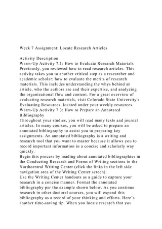 Week 7 Assignment Locate Research Articles Activity Des.docx ...